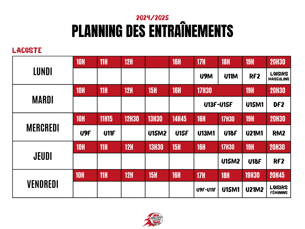 Plannings des entraînements - Site officiel de l'ABLS Basket